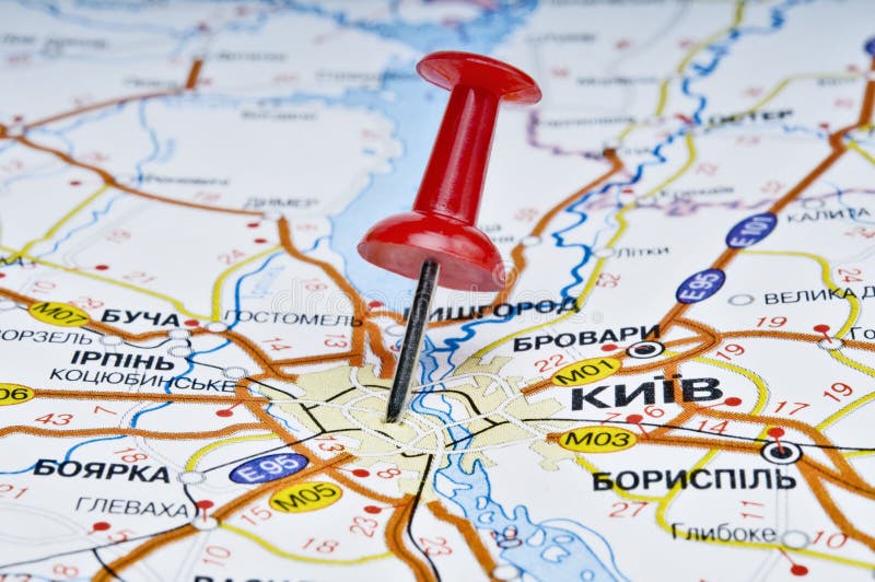 Red Push-pin Inserted into the Roadmap Stock Photo - Image of note ...