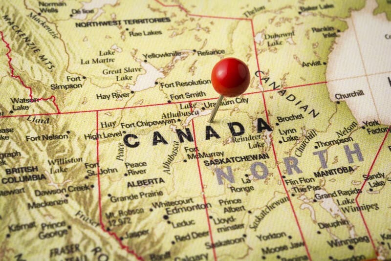 Red Push Pin Marking Canada on the Map. Close Up, Selective Focus Stock ...