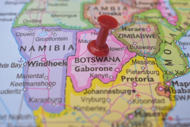 Red Push Pin Pointing Botswana on Location of World Map Close-Up View ... Red Push Pin Pointing Botswana on Location of World Map Close-Up View ...