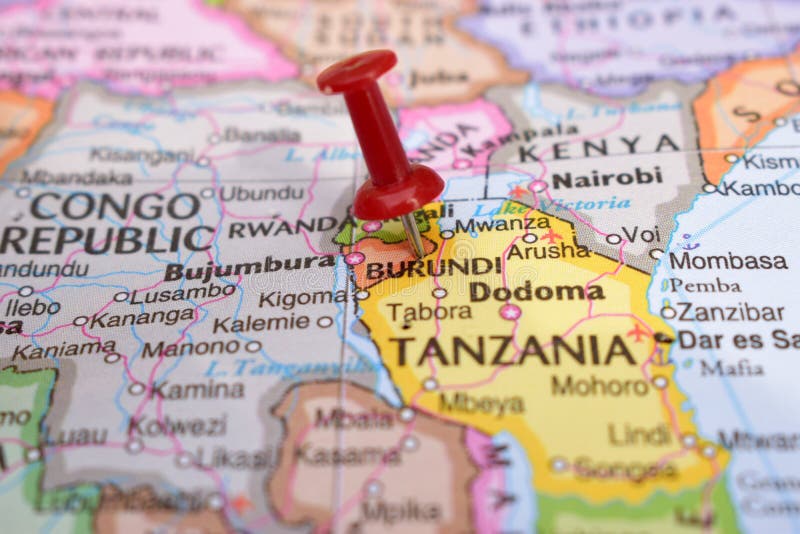Red Push Pin Pointing Burundi on Location of World Map Close-Up View ... Red Push Pin Pointing Burundi on Location of World Map Close-Up View ...