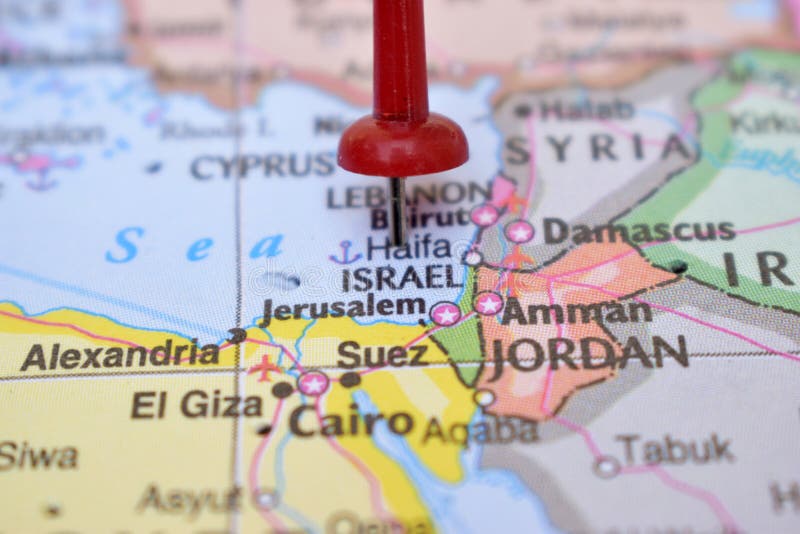 Red Push Pin Pointing Israel on Location of World Map Close-Up View ... Red Push Pin Pointing Israel on Location of World Map Close-Up View ...