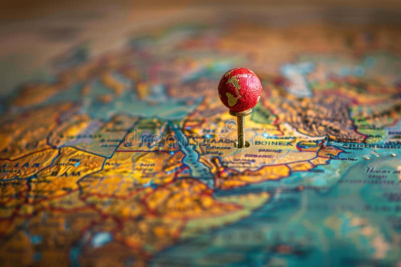 Red Push Pin Pointing Location on World Map Stock Image - Image of ...