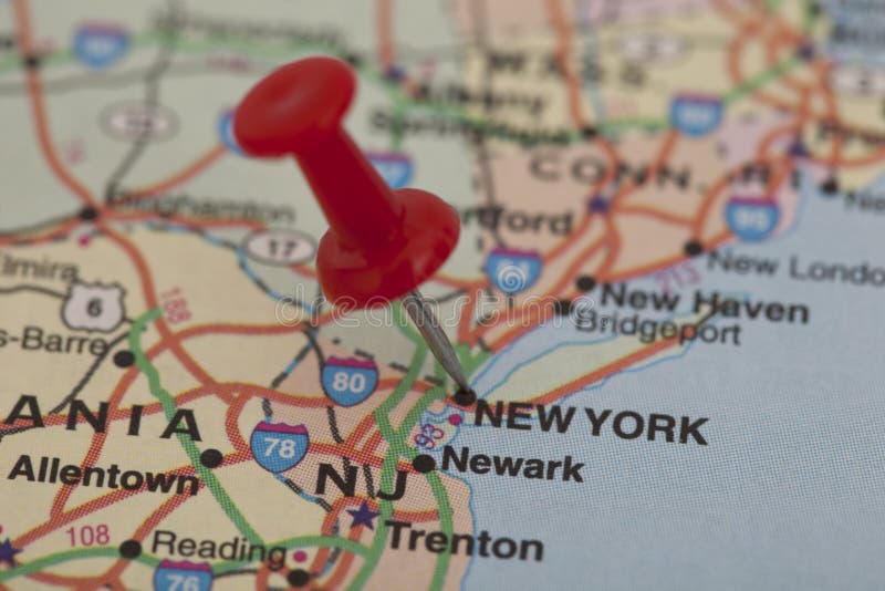 Red Push Pin Pointing on New York Stock Photo - Image of city, pinned ...