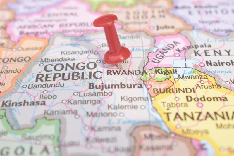 Red Push Pin Pointing Rwanda on Location of World Map Close-Up View ... Red Push Pin Pointing Rwanda on Location of World Map Close-Up View ...