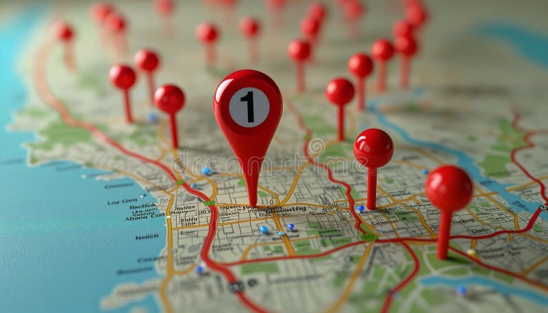 Red Push Pins Marking Locations on a Map Stock Illustration ...