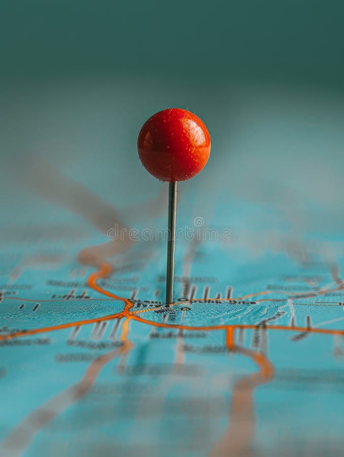 Red Pushpin Stuck in a Blue Map Highlighting a Specific Location. Stock ...