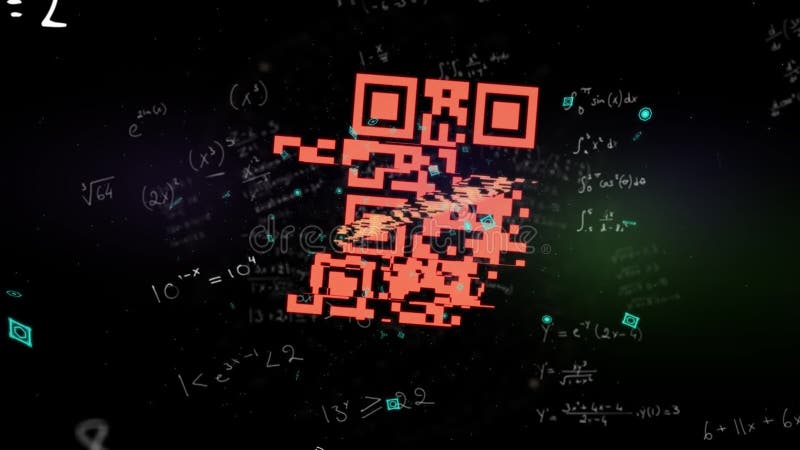 Red QR Code with Multiple Mathematical Equations Floating Over a Web of Connections Floating on ...
