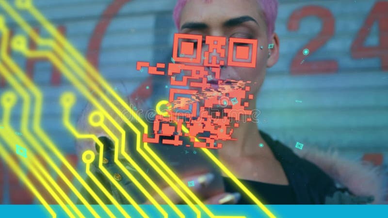 Red QR Code with Yellow Web of Connection Over Caucasian Woman Standing ...