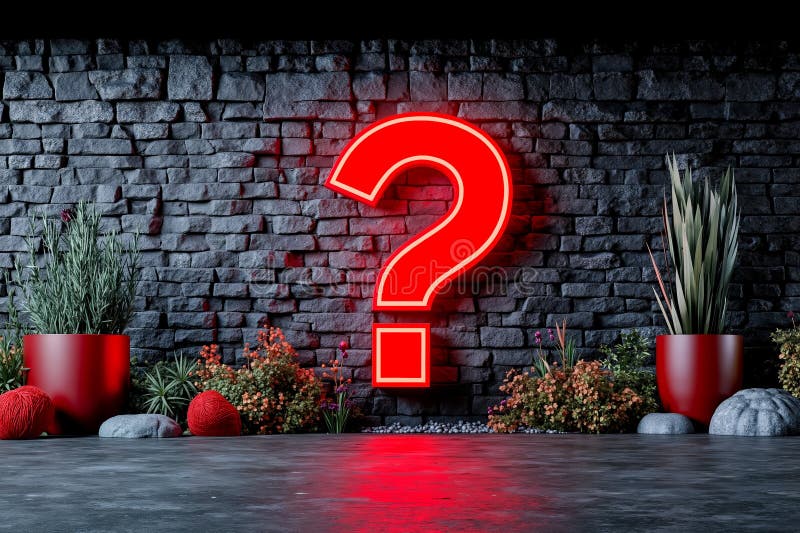 A Red Question Mark on a Brick Wall Surrounded by Plants Stock Photo ...