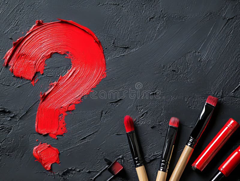 A Red Question Mark Painted on a Black Surface with Makeup Brushes ...