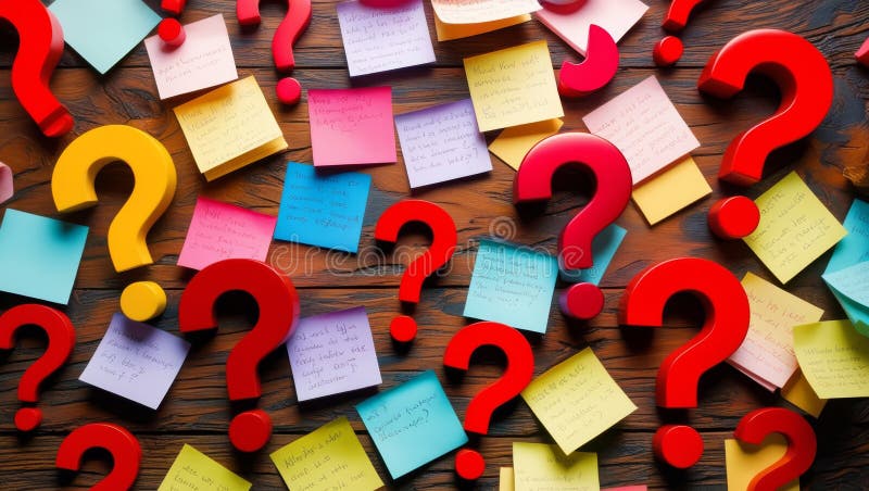 Red Question Marks Over Multicolor Memo Notes on Wooden Background ...