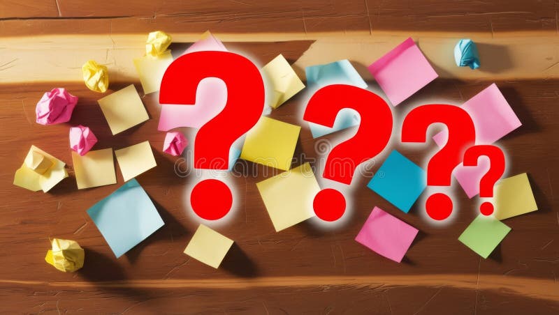 Red Question Marks Over Multicolor Memo Notes on Wooden Background ...