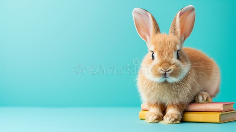 Red Rabbit Sitting on Books, Blue Banner with Copyspace Stock ...