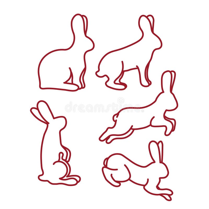 Red Rabbits in Different Poses Set. Stock Vector - Illustration of ...