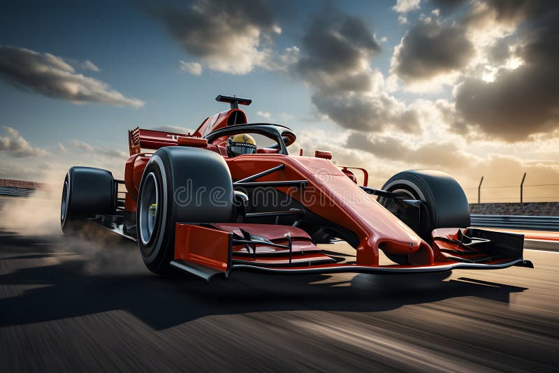 Red Racing Car in Dynamic Motion on a Track at Sunset. Formula 1 Stock ...