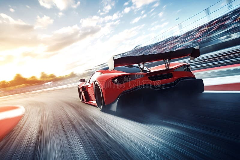 Red Racing Car Speeding on a Racetrack at Sunset Stock Image - Image of ...