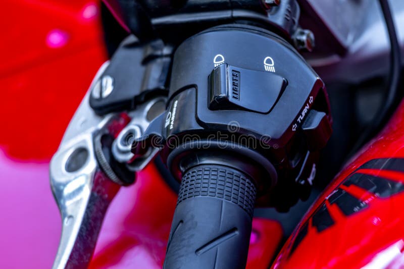 Red Racing Motorcycle, Close-up of the Clutch and Throttle Grip on ...