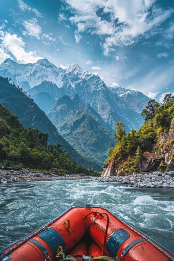 Red Raft is Floating Down River with Mountains in Background Stock ...
