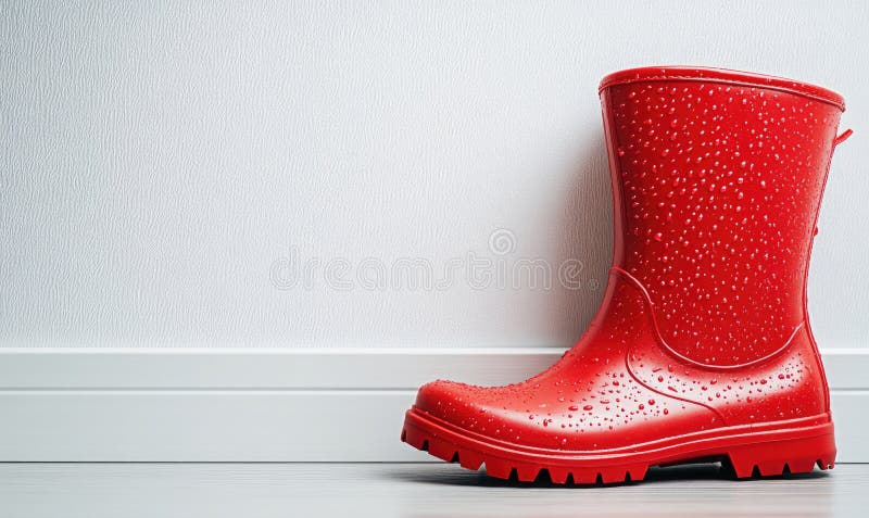 A Red Rain Boot with Water Droplets on it Stock Image - Image of ...