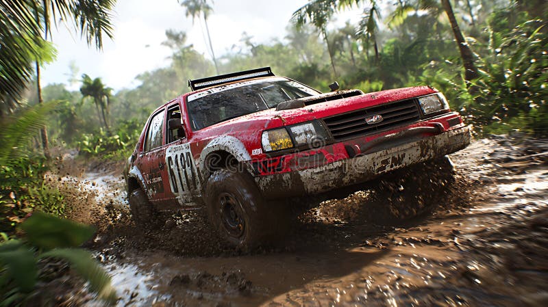 Red Rally Car Splashing through a Muddy Puddle in a Jungle Setting ...