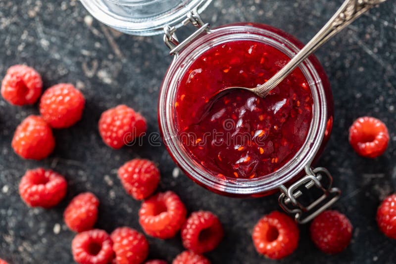 Red Rasberries Jam in Jar and Ripe Raspberries Stock Image - Image of ...