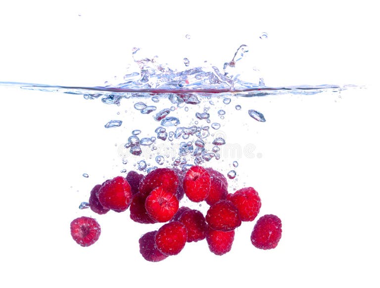 Red Raspberries Falls Under Water with a Splash Stock Image - Image of ...