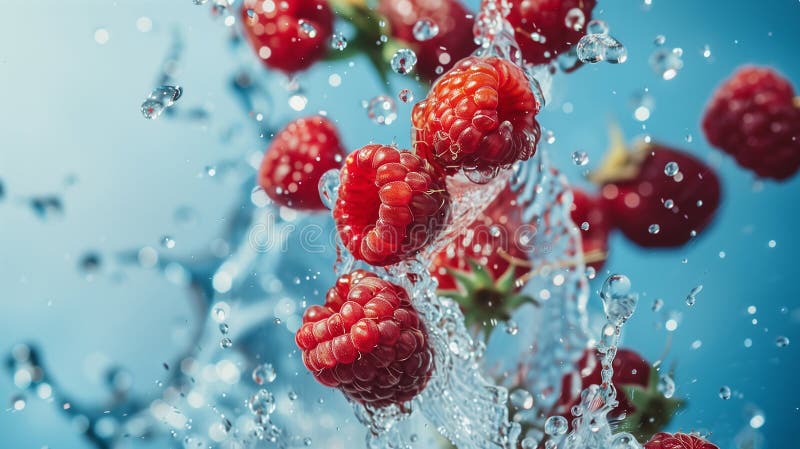 Red Raspberries Falls Under Water with a Splash Stock Illustration ...
