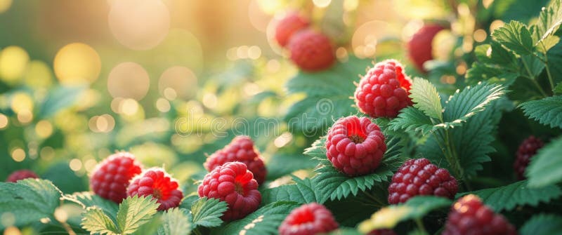 Red Raspberries in Lush Green Foliage Glowing with Sunlight Stock Photo ...
