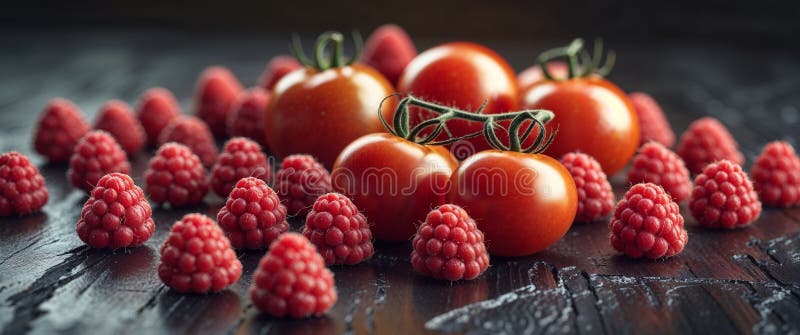 Red Raspberries and Tomatoes on a Dark Surface. Stock Photo - Image of ...
