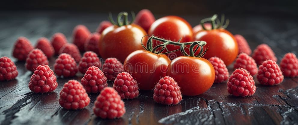 Red Raspberries and Tomatoes on a Dark Surface. Stock Photo - Image of ...