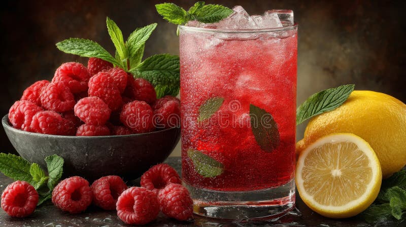 Red Raspberry Cocktail with Lemon and Mint Stock Illustration ...