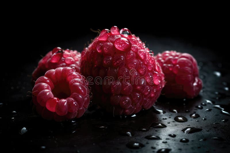 Red Raspberry with Drops on Black Gradient Background. Generative AI ...