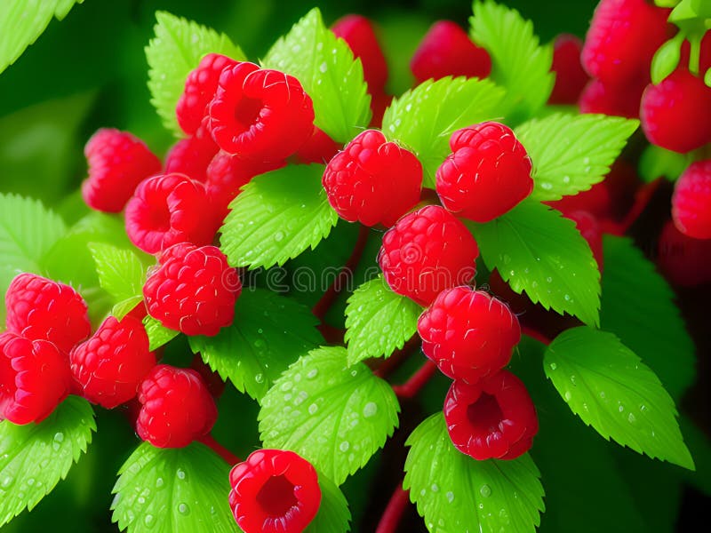 Red Raspberry with Green Leaves, Ai Generated Stock Illustration ...