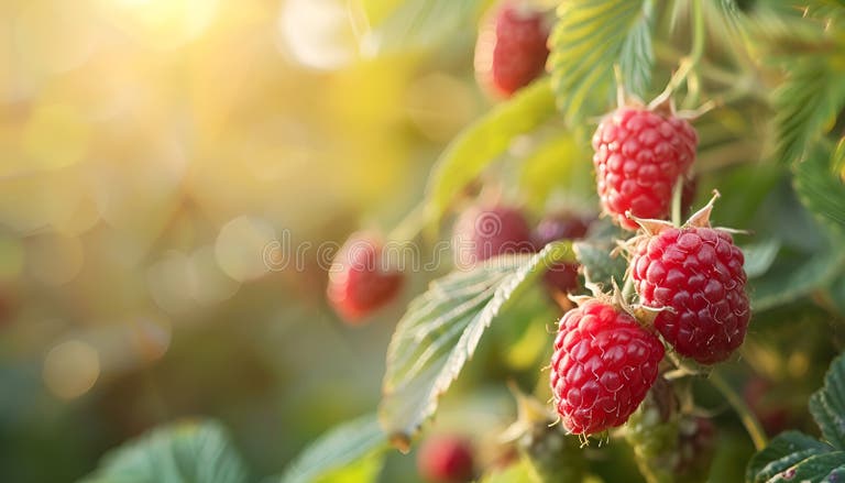 Red Raspberry Growing on Bush Outdoors, Closeup. Space for Text Stock ...