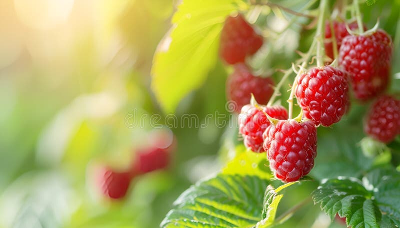 Red Raspberry Growing on Bush Outdoors, Closeup. Space for Text Stock ...