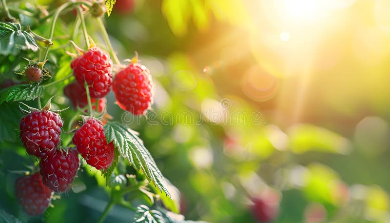 Red Raspberry Growing on Bush Outdoors, Closeup. Space for Text Stock ...