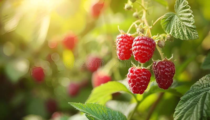 Red Raspberry Growing on Bush Outdoors, Closeup. Space for Text Stock ...