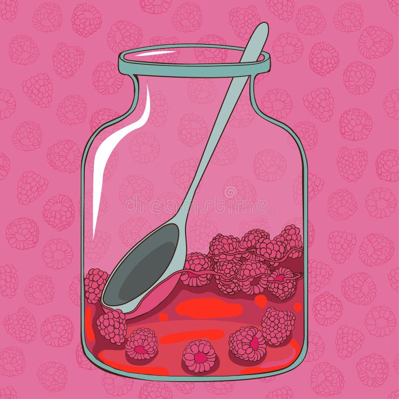 Red Raspberry Jam and Seamless Pattern of Delicious Ripe Raspberries ...