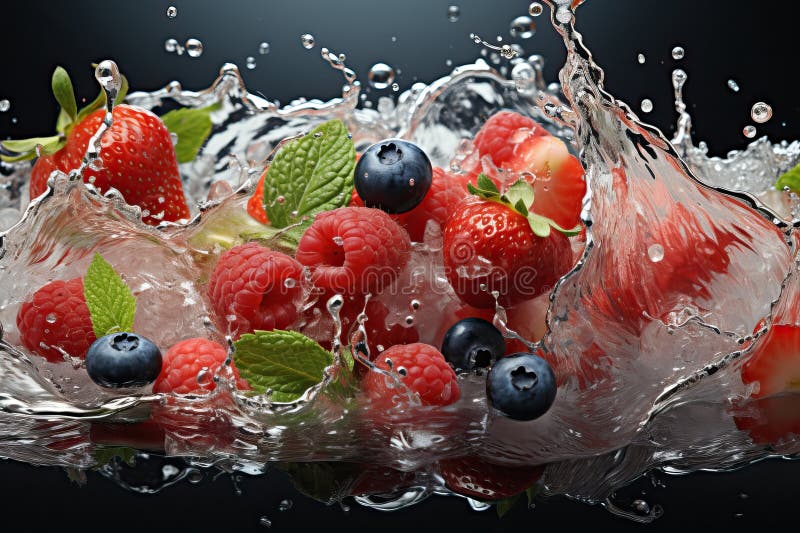 Red Raspberry, Strawberry and Black Berry in Splash of Water on Black ...