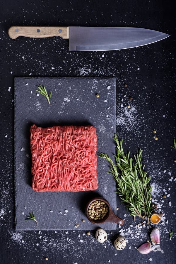 Red Raw Beef, Cooking Ingredients, Kitchen Knife. Top View. Stock Image ...