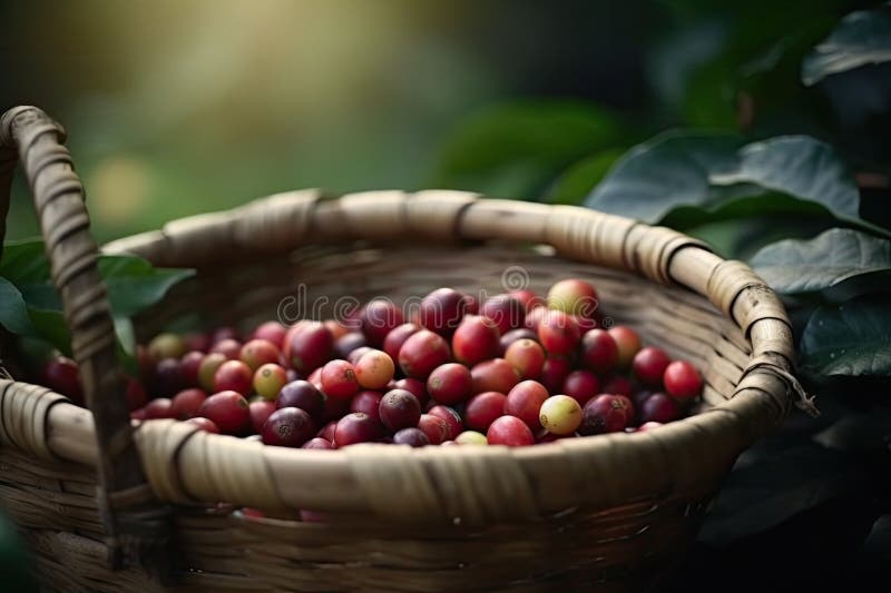 Red Raw Coffee Berries in a Basket. Generative Ai Stock Illustration ...