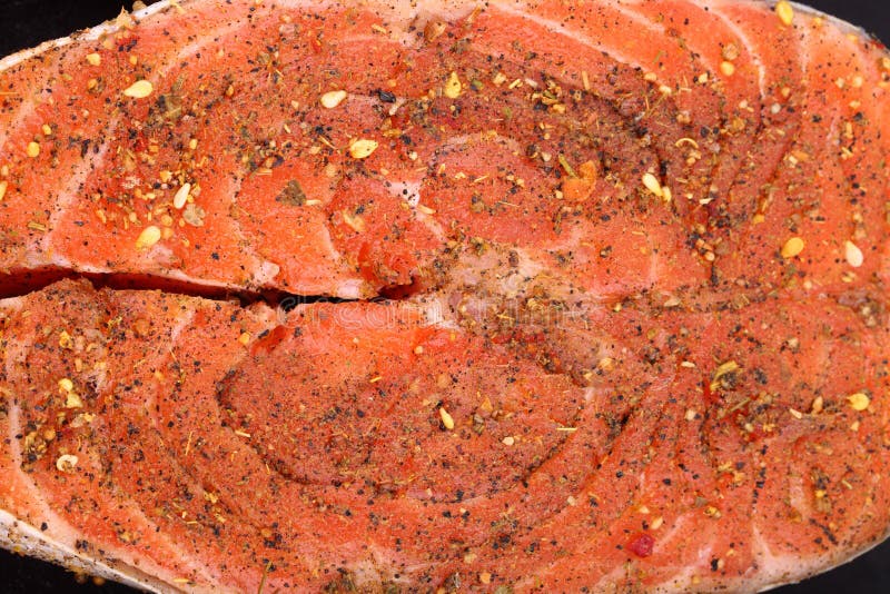 Red Raw Fresh Fish Steaks with Spices Close-up Prepared for Cooking ...