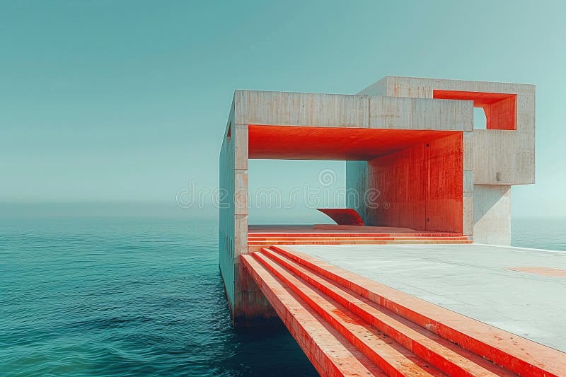 A Red Rectangle Building Stands on a Pier by the Water, Overlooking the ...