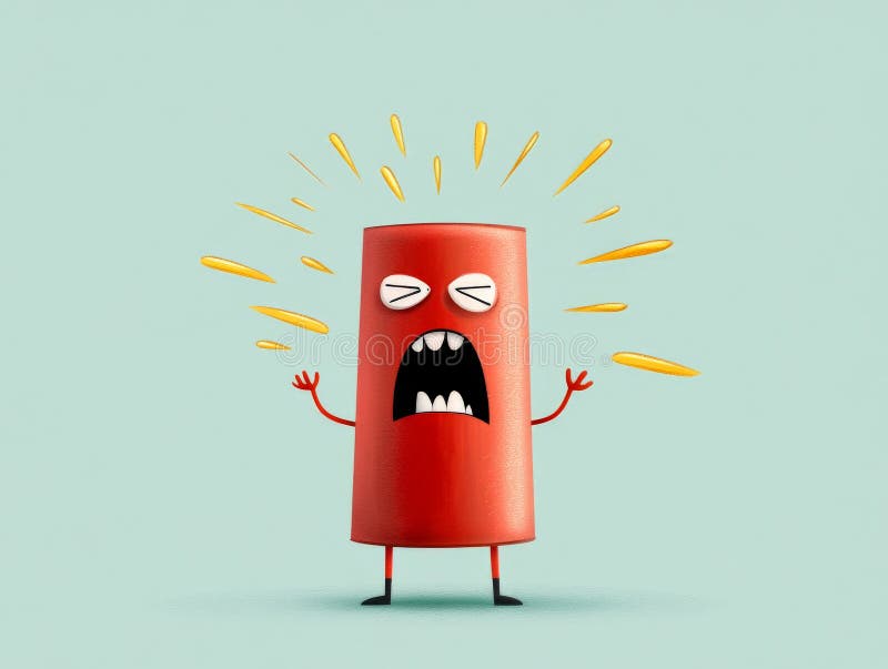 Red Rectangular Robot Angry Expression Glowing Yellow Sparks Erupting ...