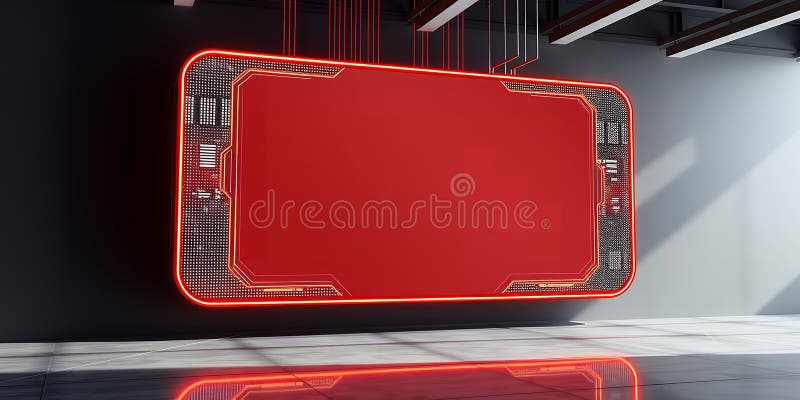 Red Rectangular Screen with Circuit Board Design in a Modern Industrial ...