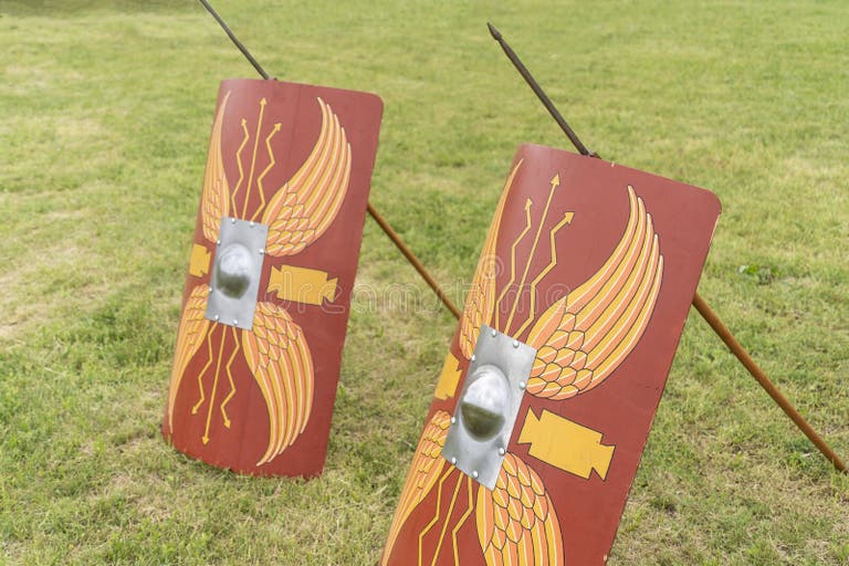 Ancient Roman Legionary Red Shields with Pilums Stock Photo - Image of ...
