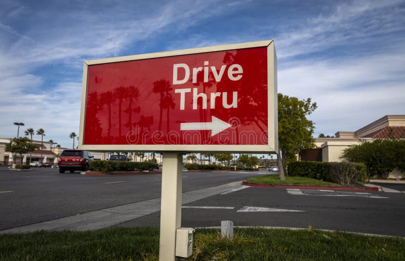Red Rectangular Sign Reading Drive Thru for Fast Food Restaurant ...