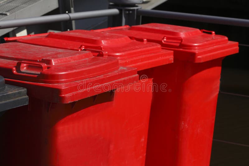Red Recycling bins stock photo. Image of container, table - 96254086
