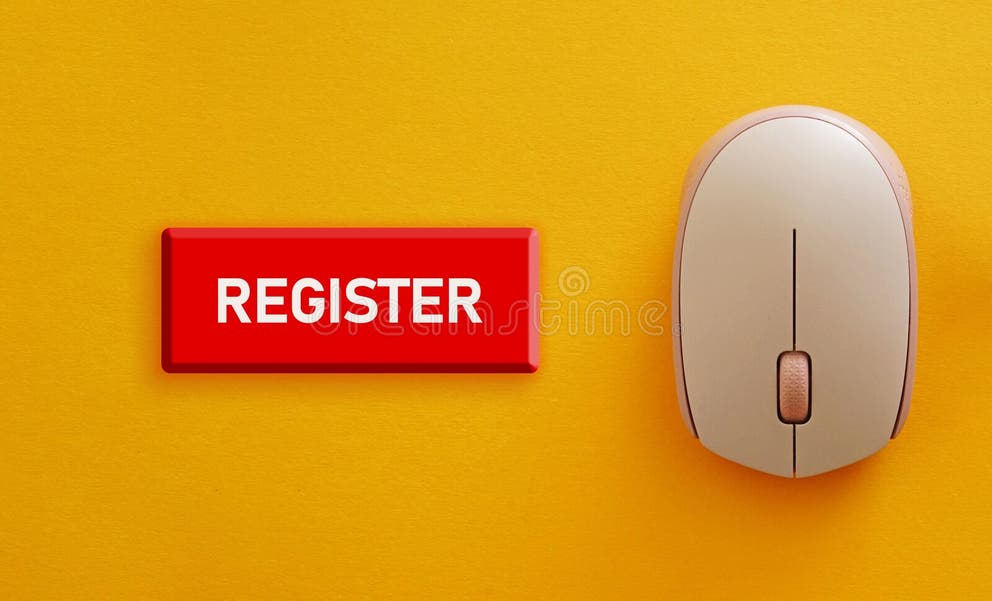 Red Register Button with Computer Mouse on the Orange Background Stock ...