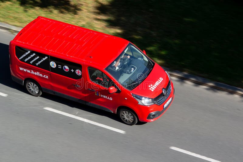 Red Renault Traffic Van of Czech Hello Language School with Motion Blur ...